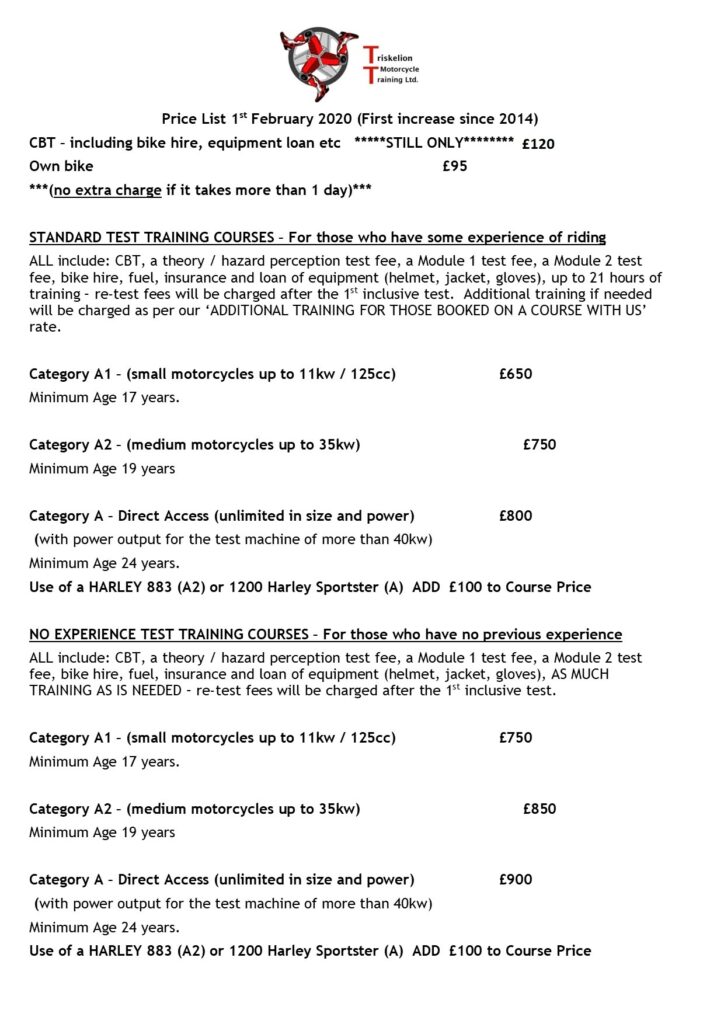 Price Guide – Triskelion Motorcycle Training Ltd